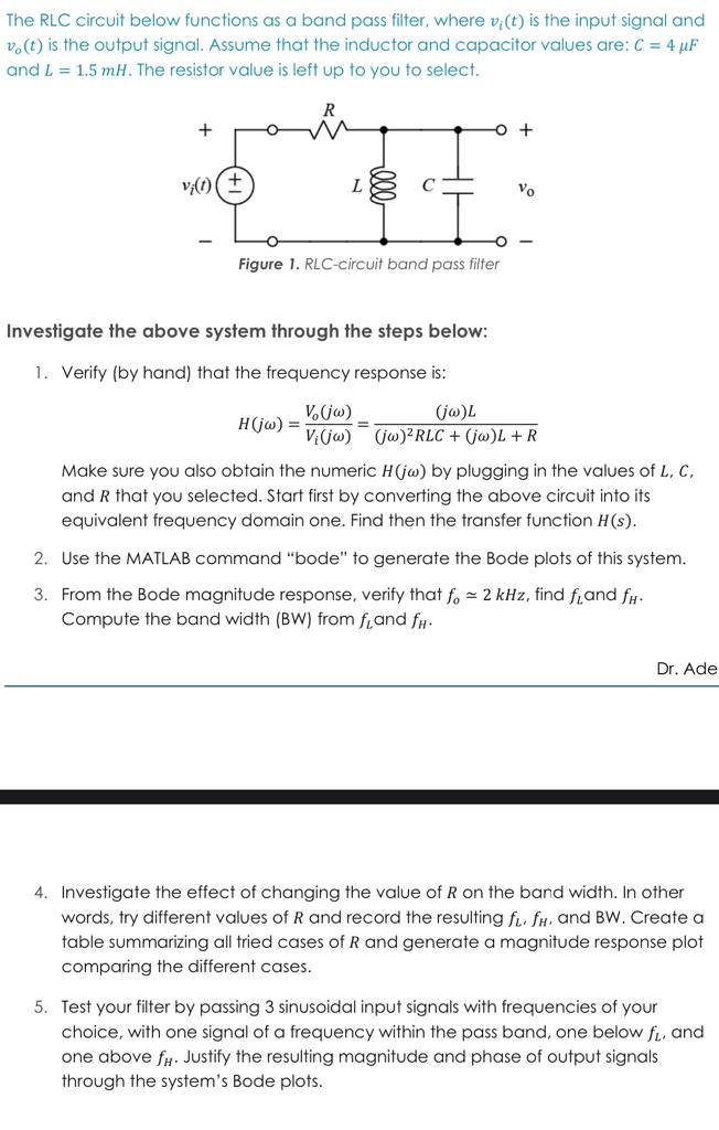 Solved The RLC circuit below functions as a band pass | Chegg.com