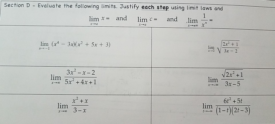 Solved Section D - Evaluate the following limits. Justify | Chegg.com