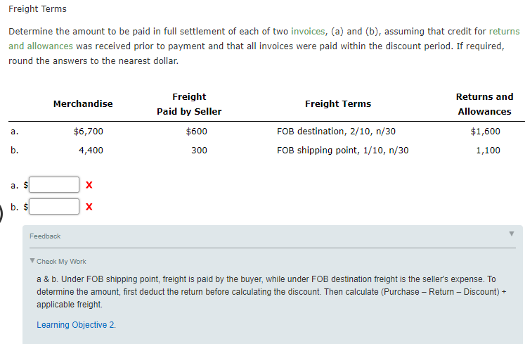 Solved Freight Terms Determine the amount to be paid in full | Chegg.com