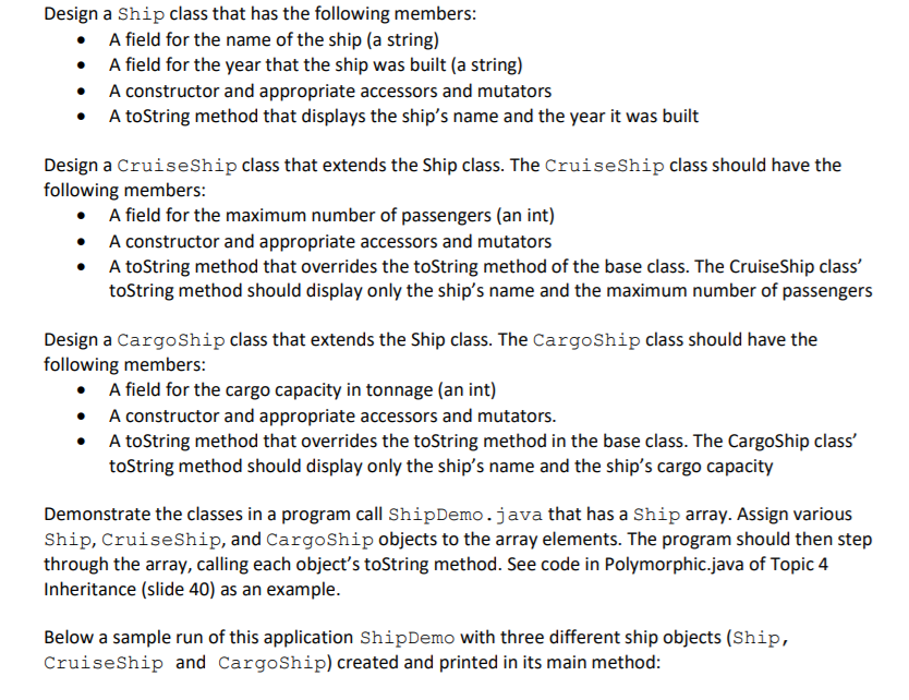Solved CODE IN JAVA UML diagram for the Ship – CruiseShip - | Chegg.com