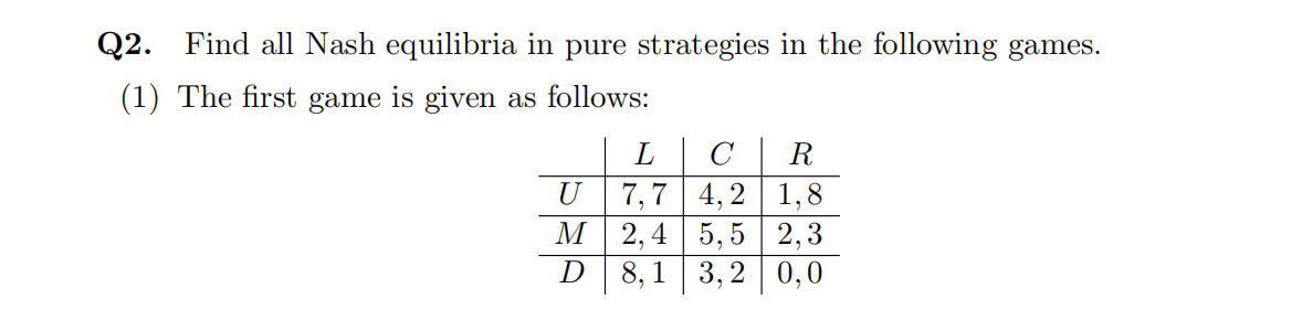 Solved Q2. Find all Nash equilibria in pure strategies in | Chegg.com