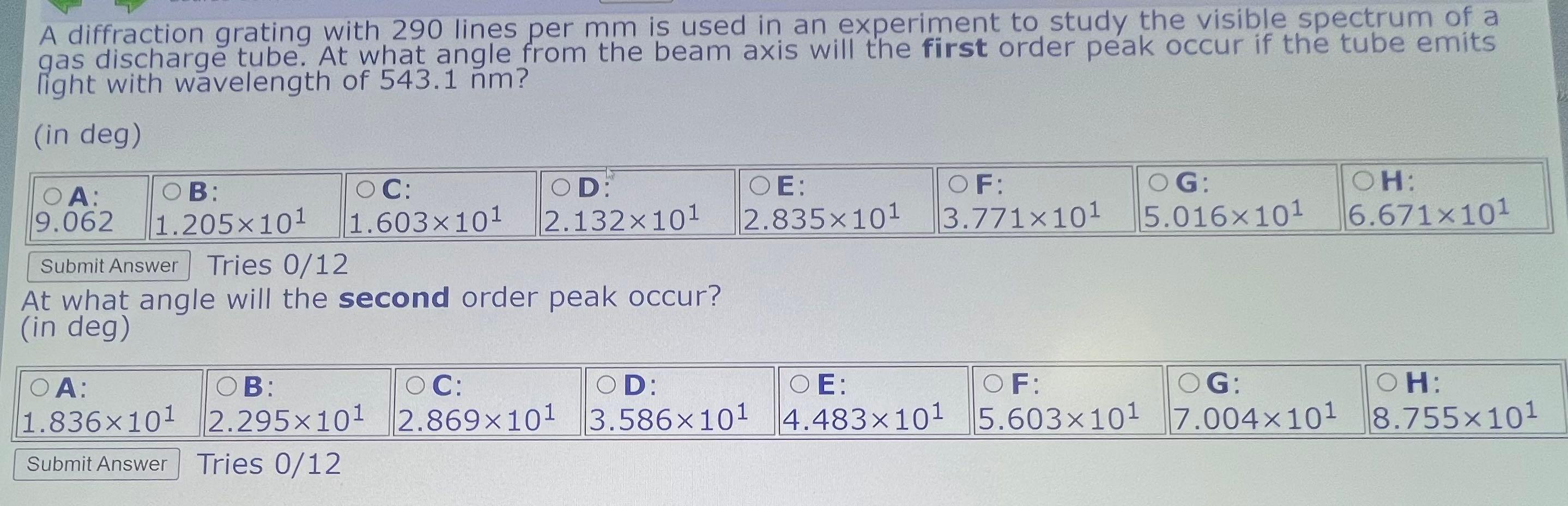 Solved A diffraction grating with 290 lines per mm is used | Chegg.com