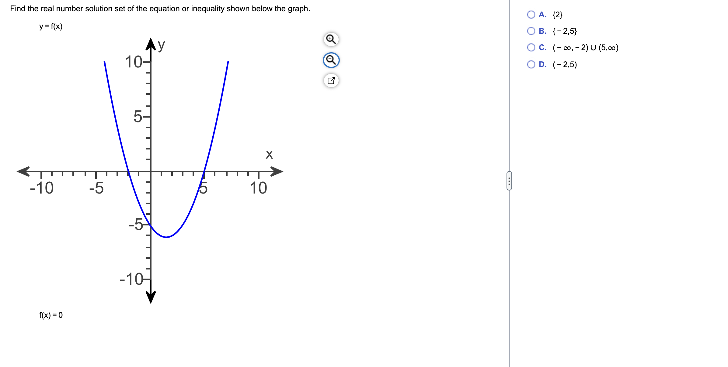 Solved A. {2}B. {-2,5}C. (-∞,-2)∪(5,∞)D. (-2,5) | Chegg.com