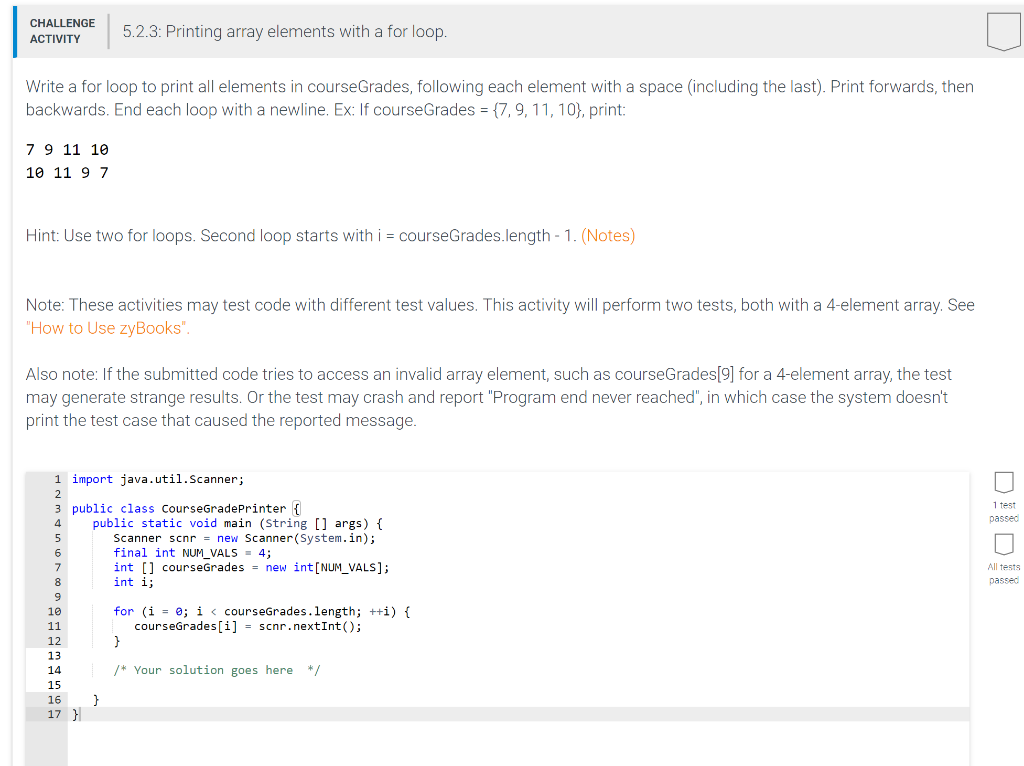 Solved CHALLENGE 5.2.3: Printing array elements with a for | Chegg.com