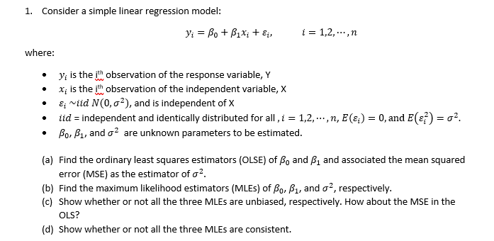 1. Consider a simple linear regression model: Yi = Bo | Chegg.com