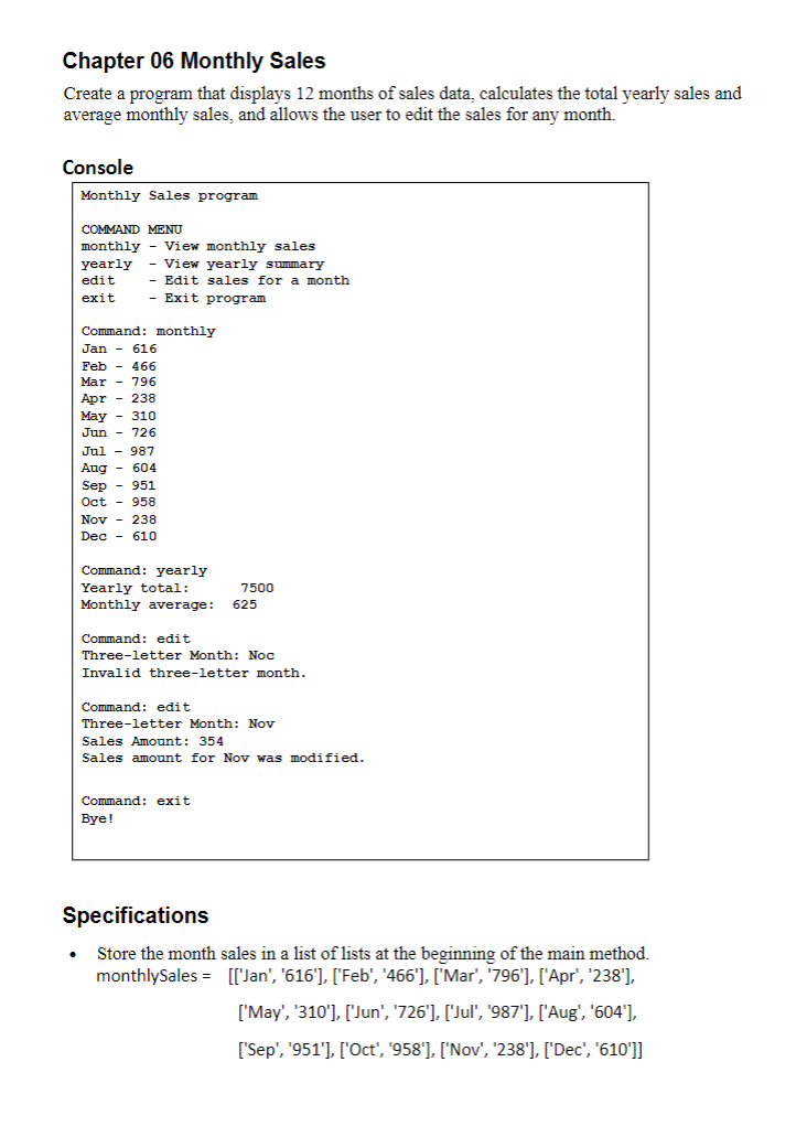 Solved Chapter 06 Monthly Sales Create a program that | Chegg.com