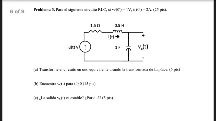 Solved Para el siguiente circuito RLC, si v_C (0^-) = 1V, | Chegg.com