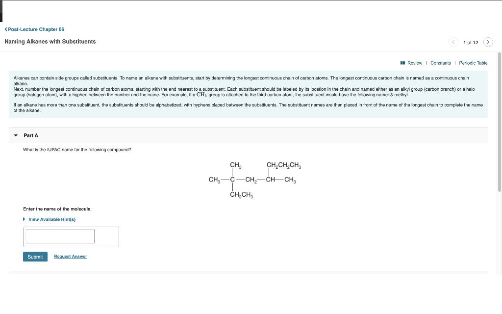 Solved (Post-Lecture Chapter 06 Naming Alkanes with | Chegg.com