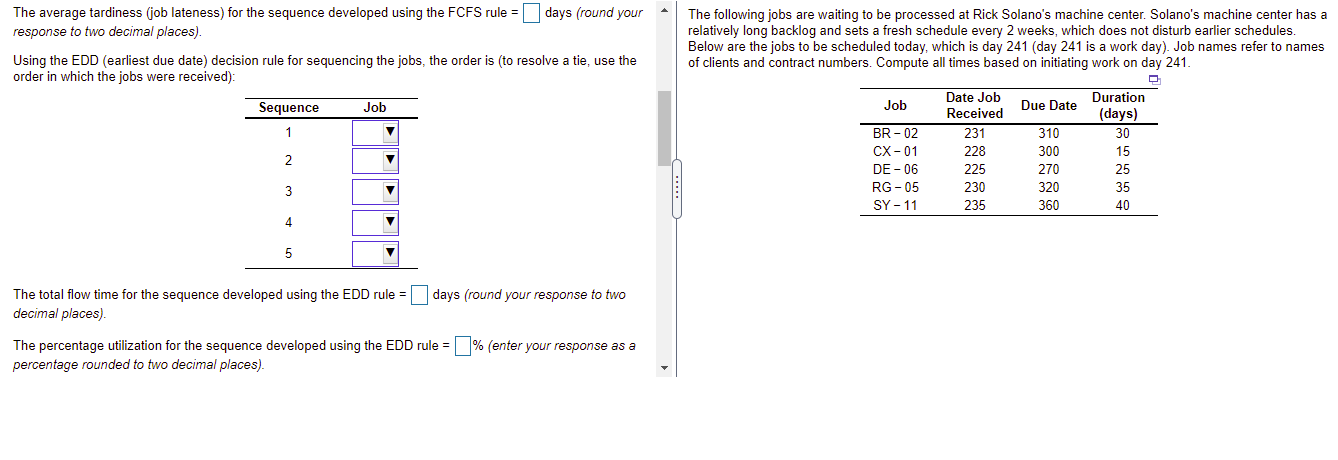 Solved The average tardiness (job lateness) for the sequence | Chegg.com
