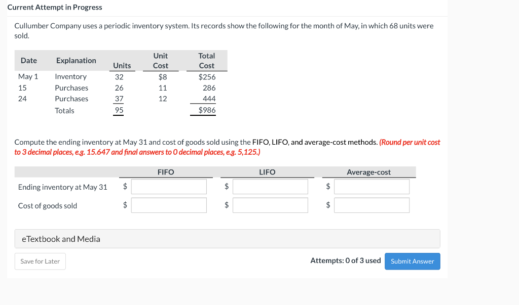 Solved Current Attempt in Progress Cullumber Company uses a | Chegg.com
