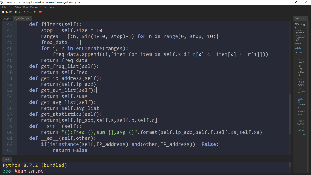 Solved: python 3Design a class named A1 to read input text