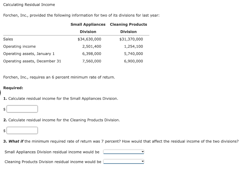 Solved Calculating Residual Income Forchen, Inc., provided | Chegg.com