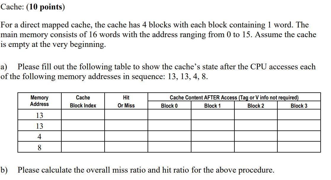 Solved Cache: (10 points) For a direct mapped cache, the | Chegg.com