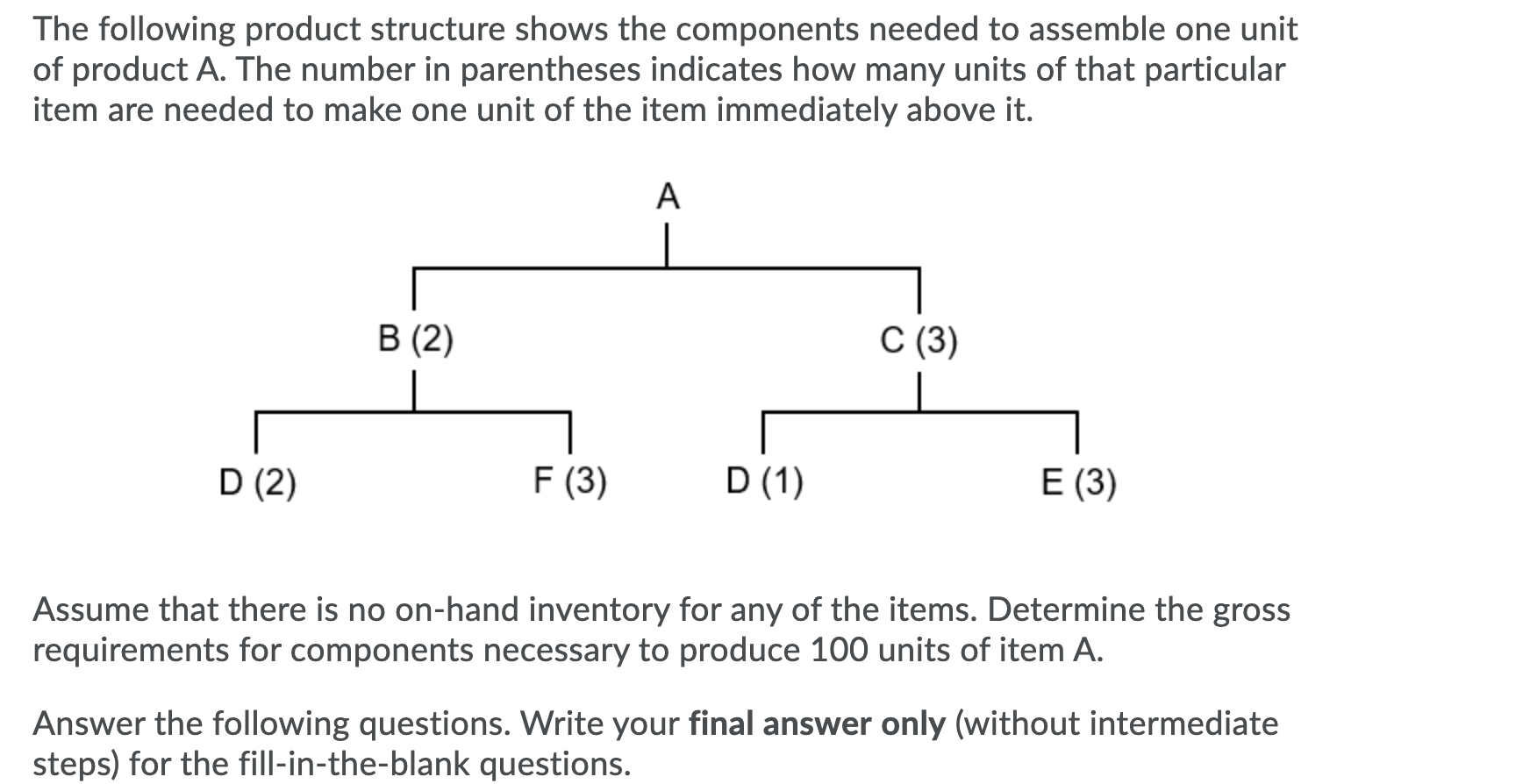 Solved The following product structure shows the components | Chegg.com