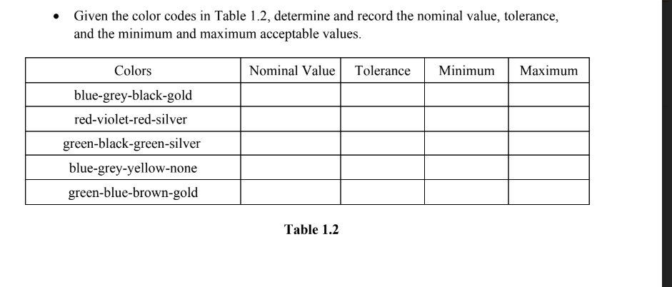 Solved - Given the color codes in Table 1.2, determine and | Chegg.com