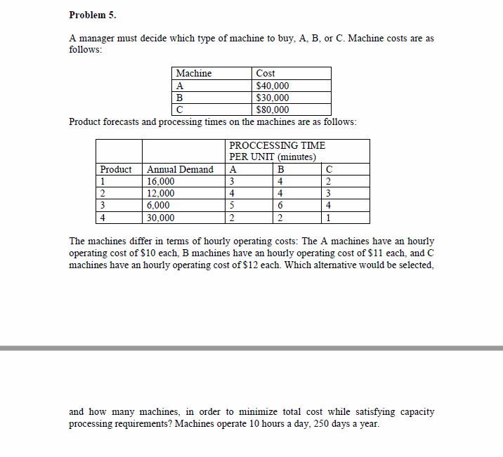 Solved Problem 5 A manager must decide which type of machine | Chegg.com