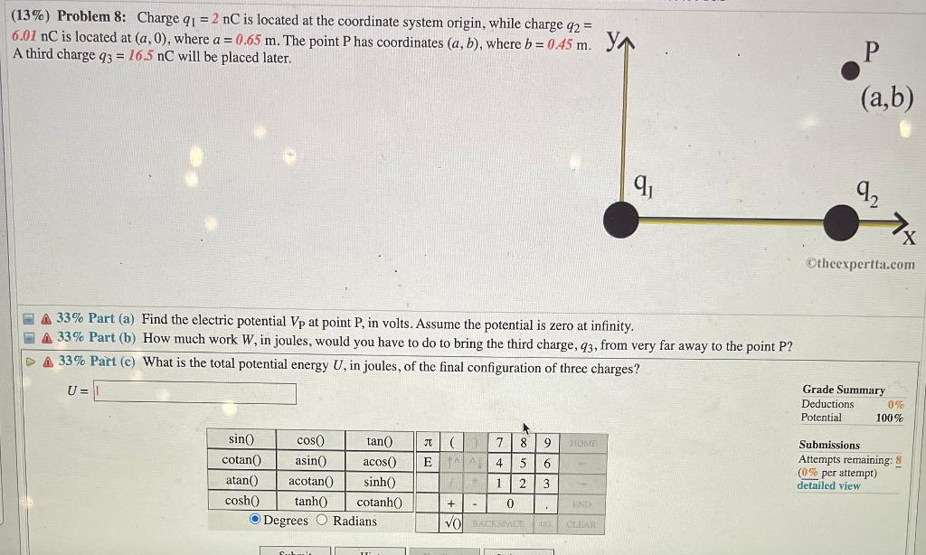 Solved (13\%) Problem 8: Charge q1=2nC is located at the | Chegg.com