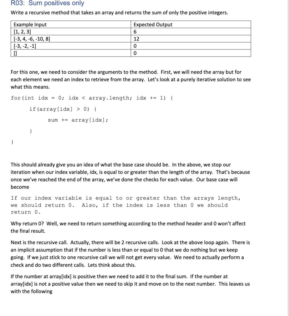 Solved R03: Sum positives only Write a recursive method that | Chegg.com