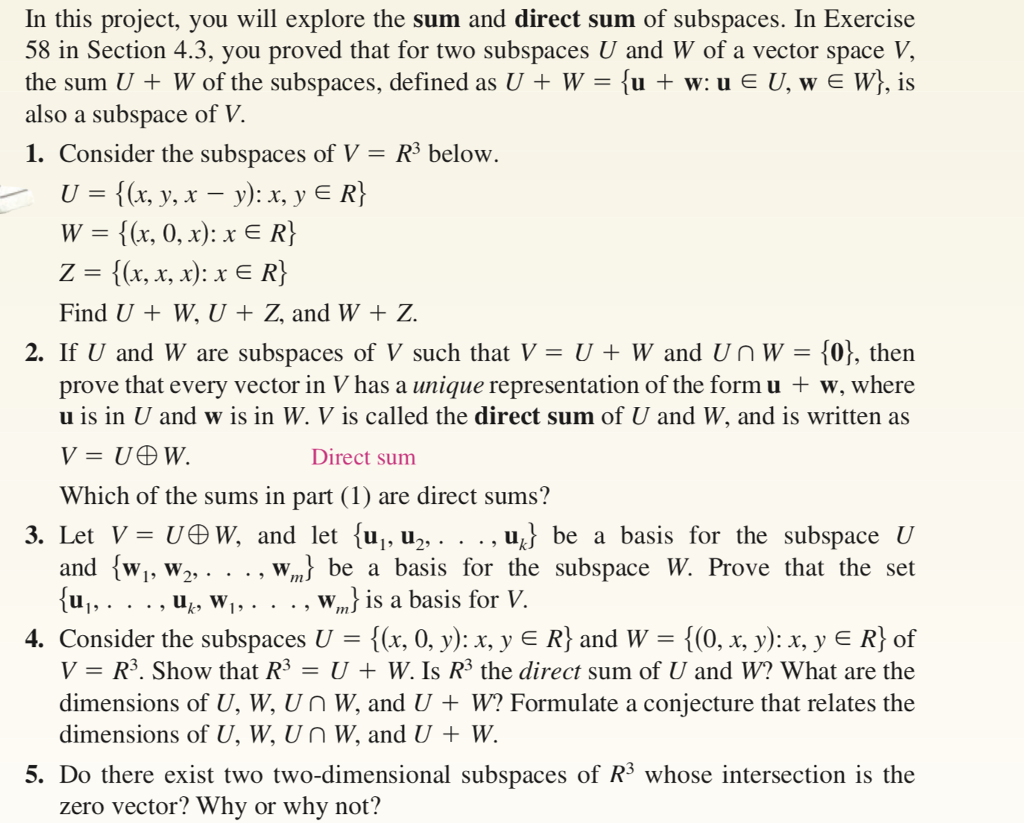 Solved In this project, you will explore the sum and direct | Chegg.com