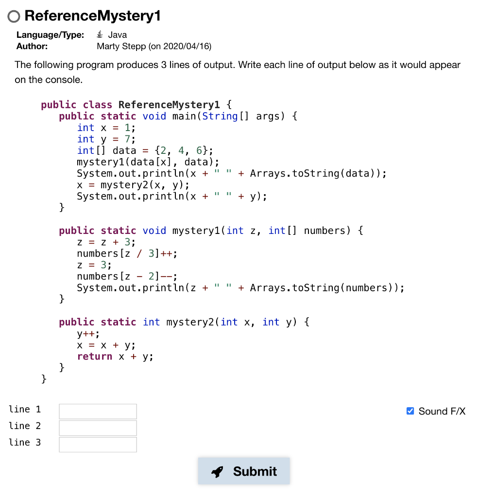 Solved ReferenceMystery1 Language/Type: Java Author: Marty | Chegg.com