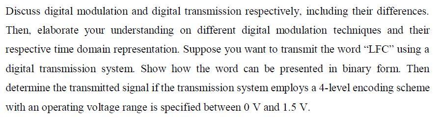 Solved Discuss digital modulation and digital transmission | Chegg.com