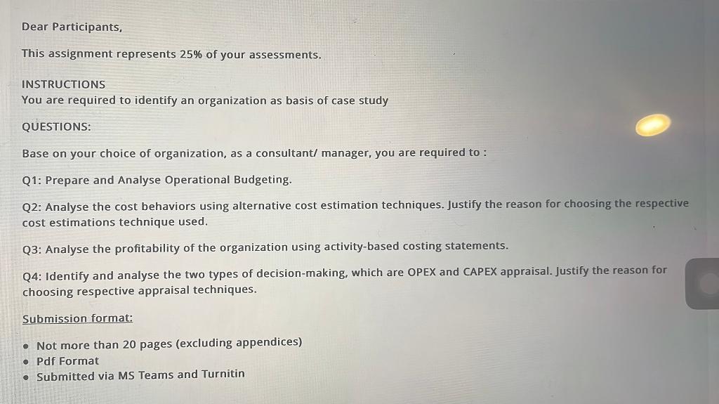 Dear Participants, This assignment represents 25% of | Chegg.com