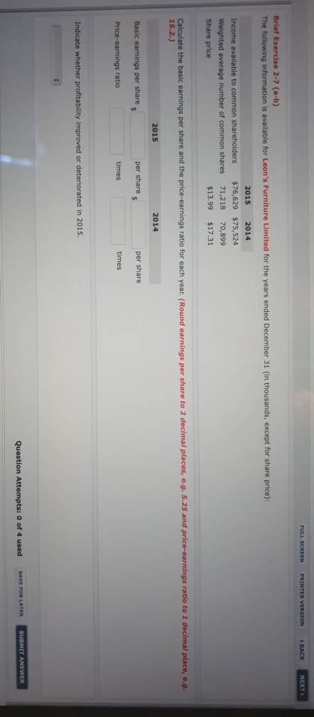 Solved FULL SCREEN PRINTER VERSION BACK NEXT Brief Exercise | Chegg.com