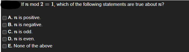 Solved If n ﻿mod 2=1, ﻿which of the following statements are | Chegg.com