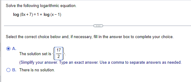 Solved Solve the following logarithmic equation. log (8x + | Chegg.com