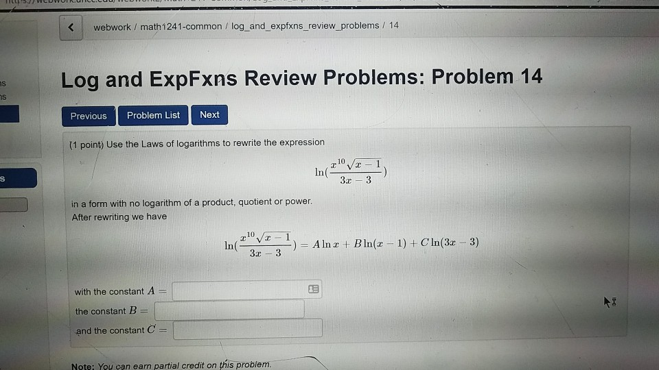 Solved webwork math 1241-common / log and expfxns review | Chegg.com