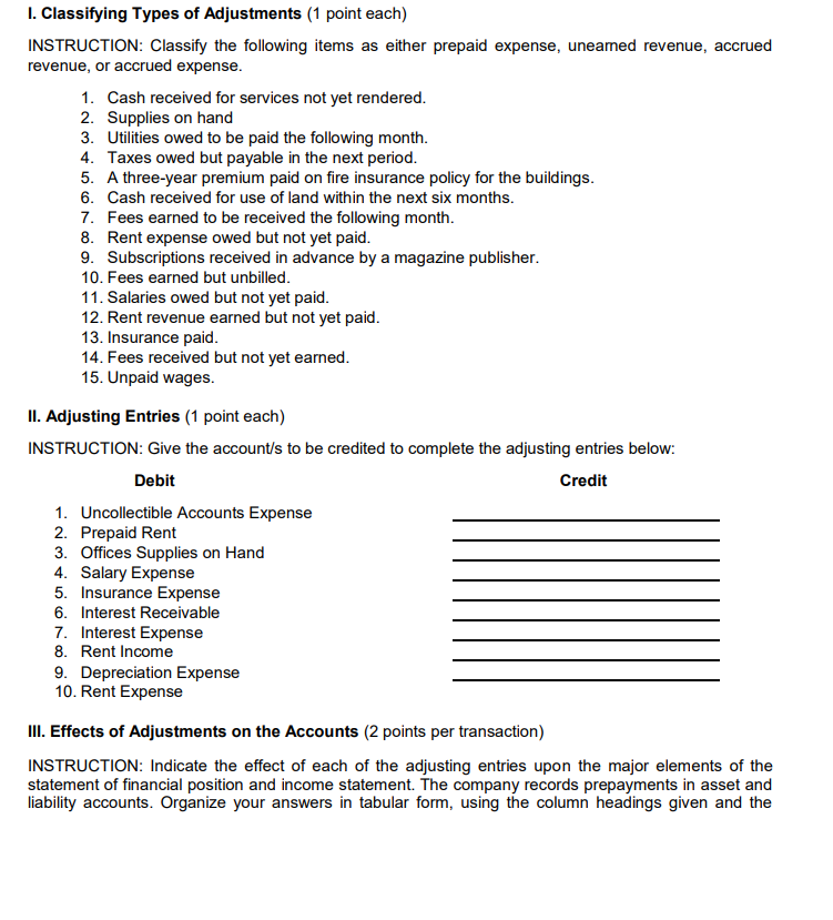 Solved 1. Classifying Types of Adjustments (1 point each) | Chegg.com