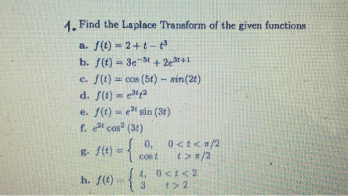 Solved 1. Find the Laplace Transform of the given functions | Chegg.com