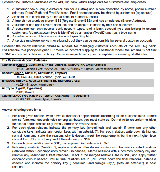 Solved Consider the Customer database of the ABC big bank, | Chegg.com