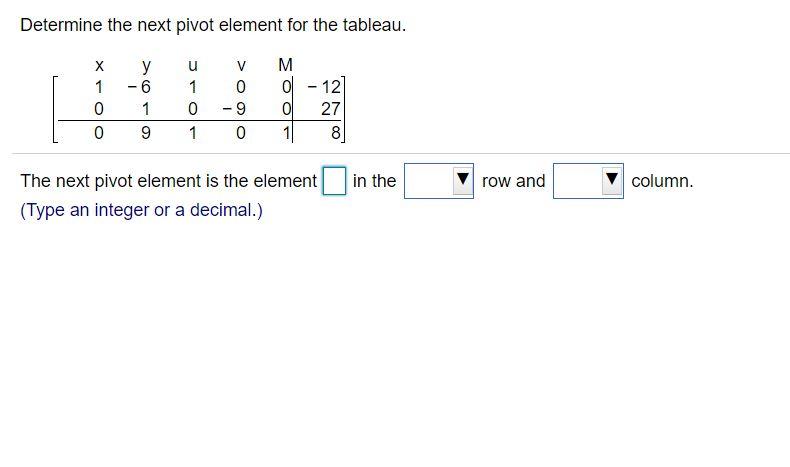 Solved Determine the next pivot element for the tableau. V x | Chegg.com