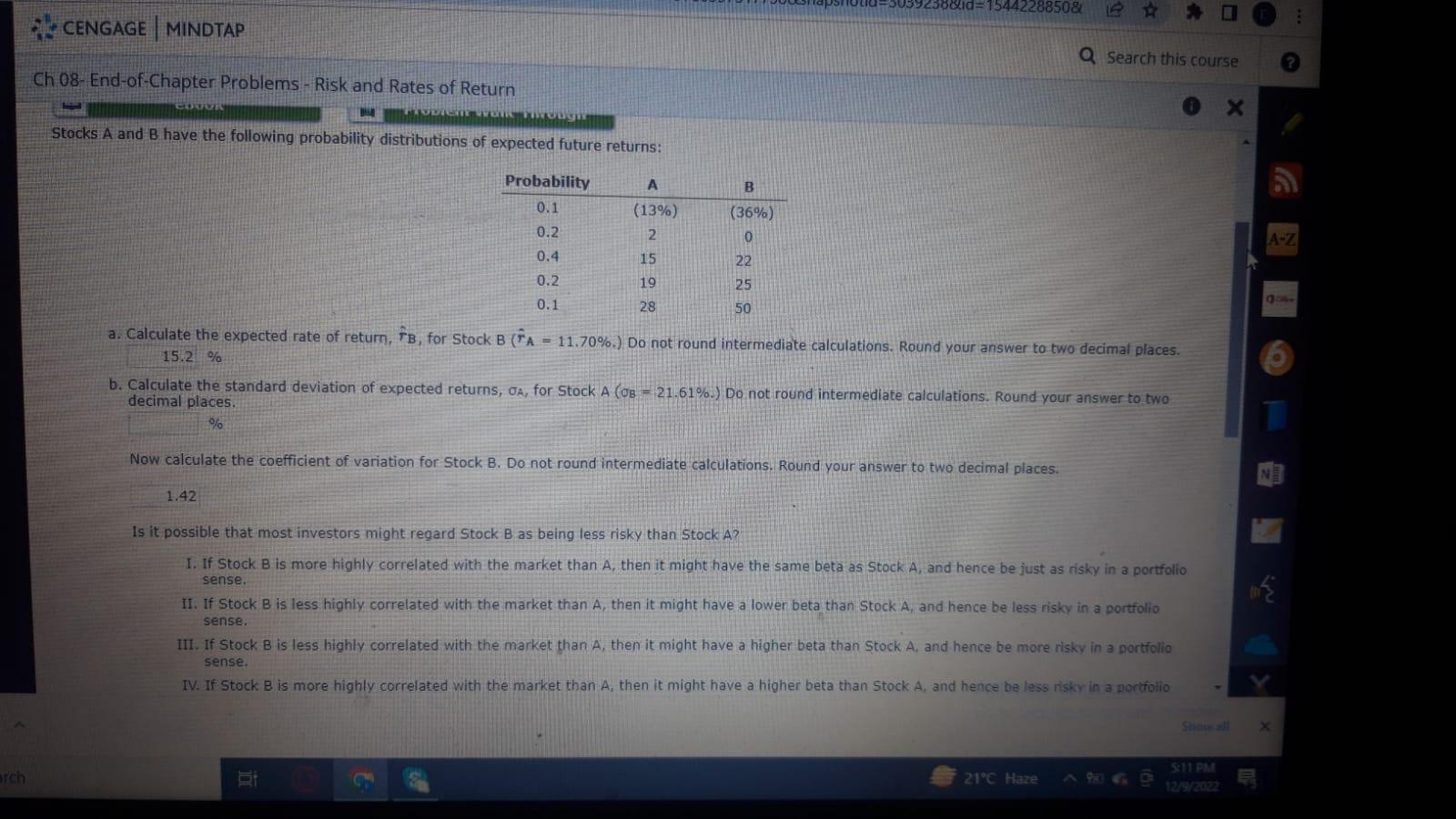 Solved Stocks A and B have the following probability | Chegg.com