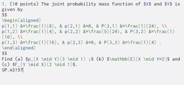 Solved 1. (10 points) The joint probability mass function of | Chegg.com