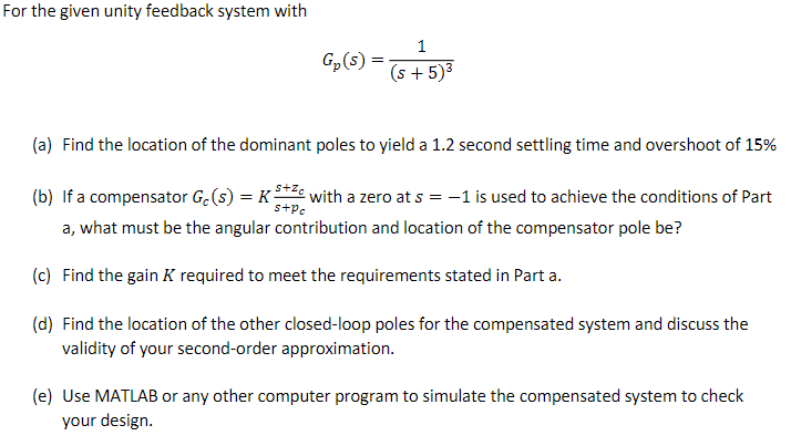 Solved For the given unity feedback system with | Chegg.com