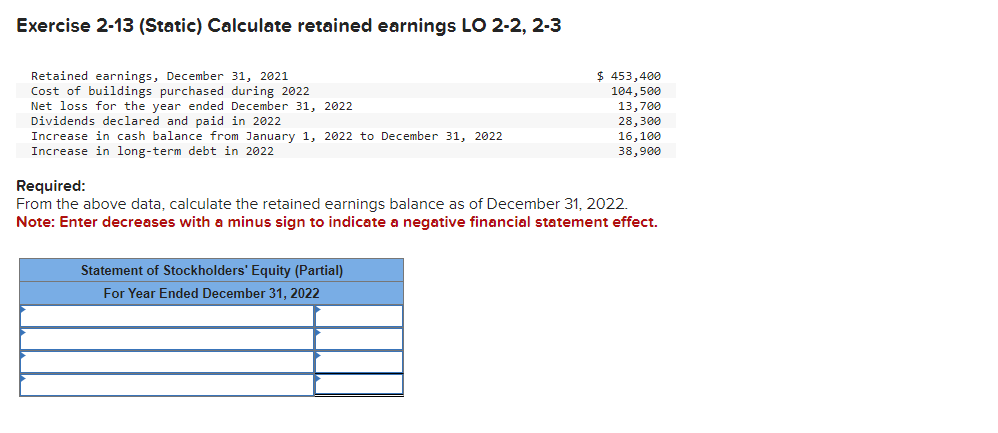 Solved Exercise 2-13 (Static) Calculate retained earnings LO | Chegg.com Solved Exercise 2-13 (Static) Calculate retained earnings LO | Chegg.com