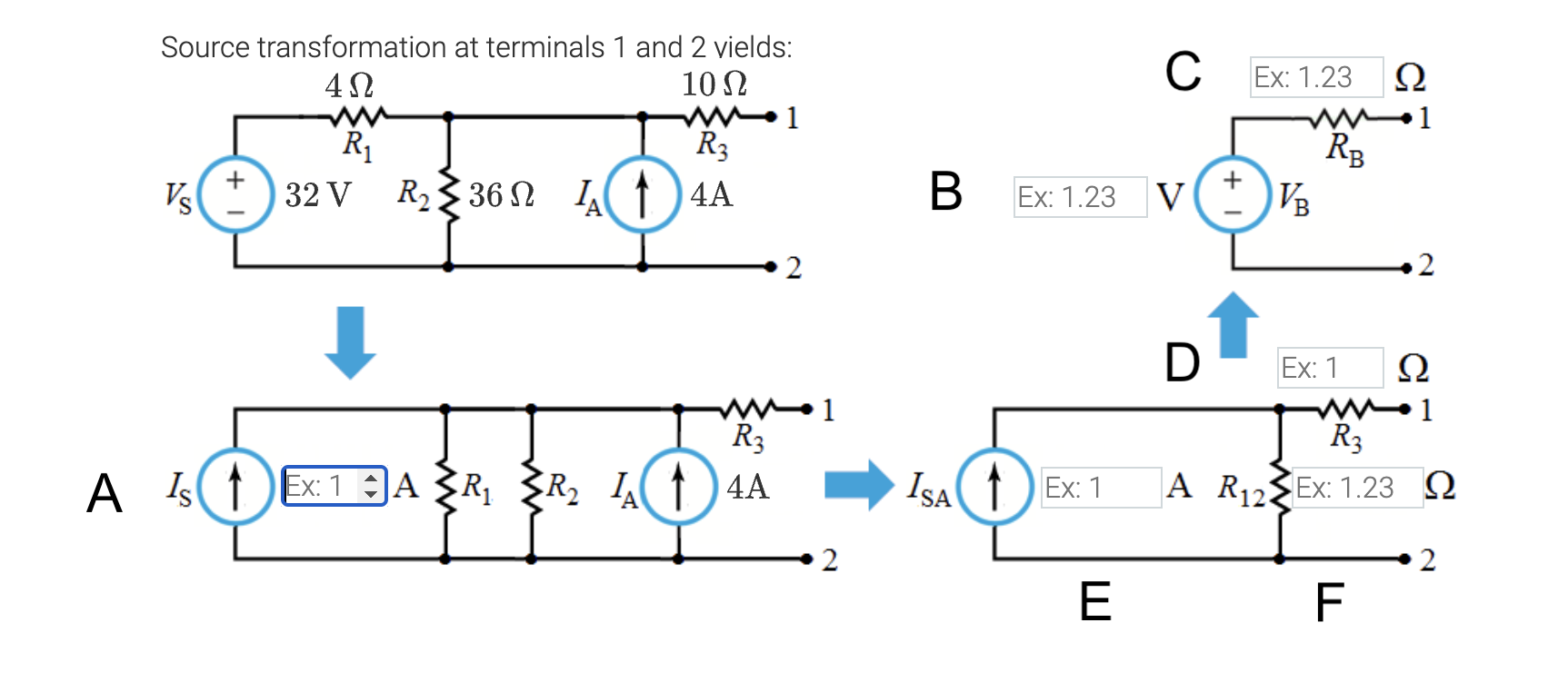 Solved Source transformation at terminals 1 and 2 vields: A | Chegg.com