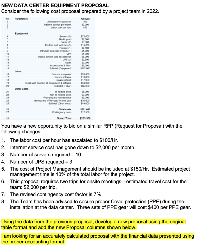 NEW DATA CENTER EQUIPMENT PROPOSAL Consider the | Chegg.com