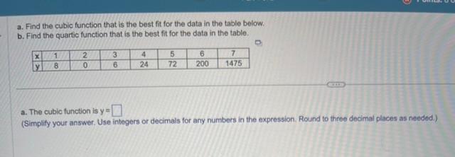 Solved a. Find the cubic function that is the best fit for | Chegg.com