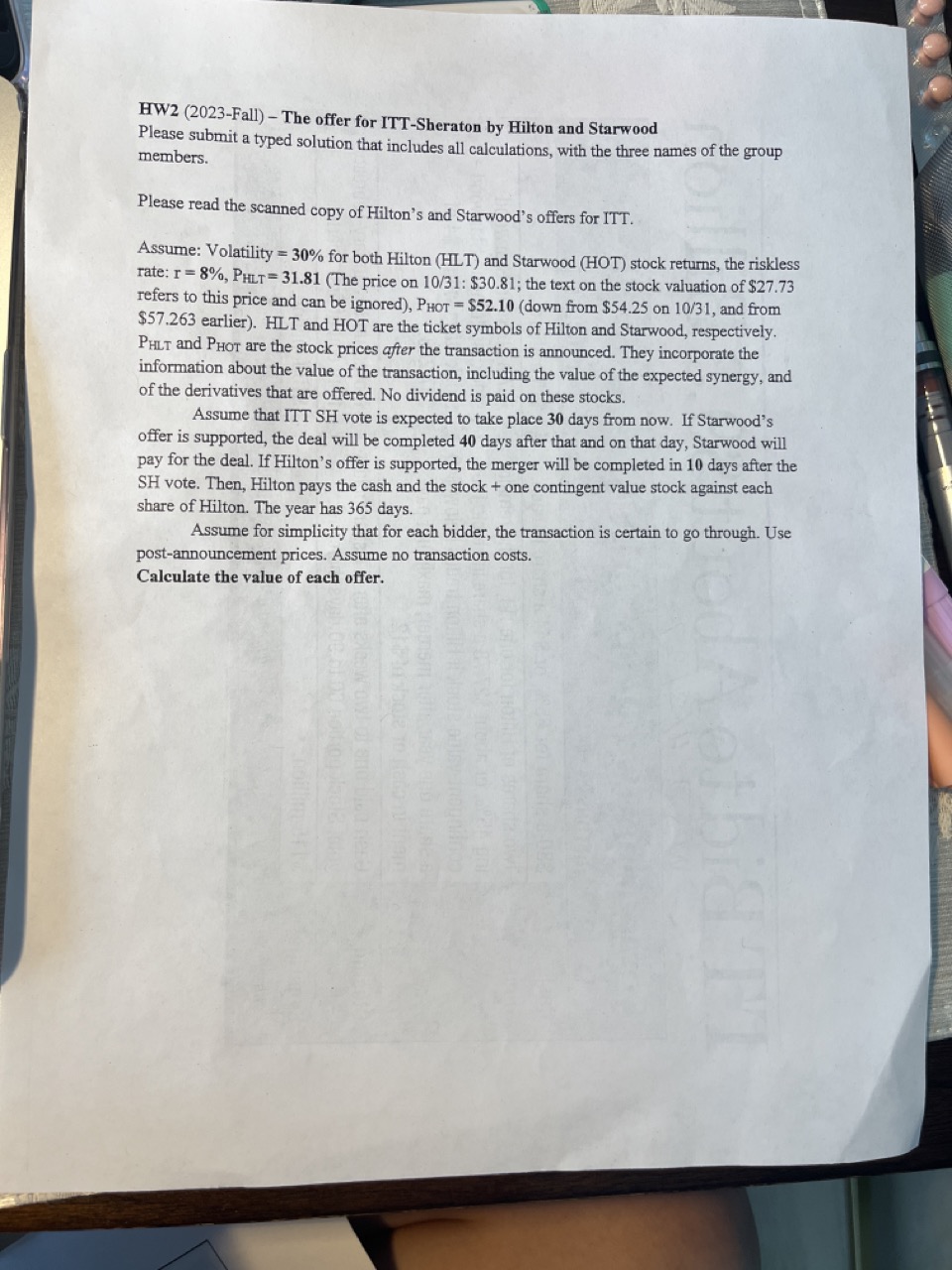 HW2 (2023-Fall) - The offer for ITT-Sheraton by | Chegg.com