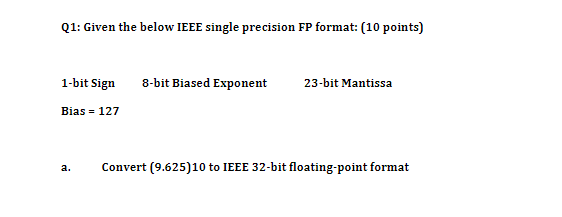 Solved Q1: Given the below IEEE single precision FP format: | Chegg.com