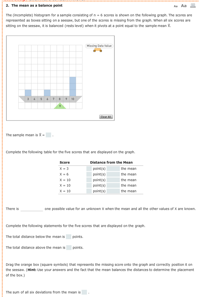 Solved 2. The mean as a balance point Aa Aa The incomplete) | Chegg.com