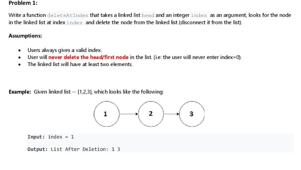 Solved Problem 1: Write a function deleteAtIndex that takes | Chegg.com