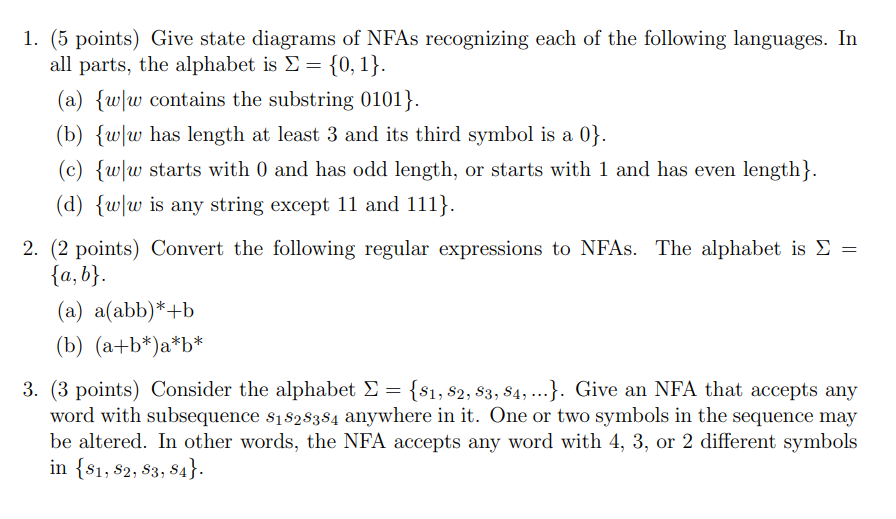 Solved 1. (5 points) Give state diagrams of NFAs recognizing | Chegg.com