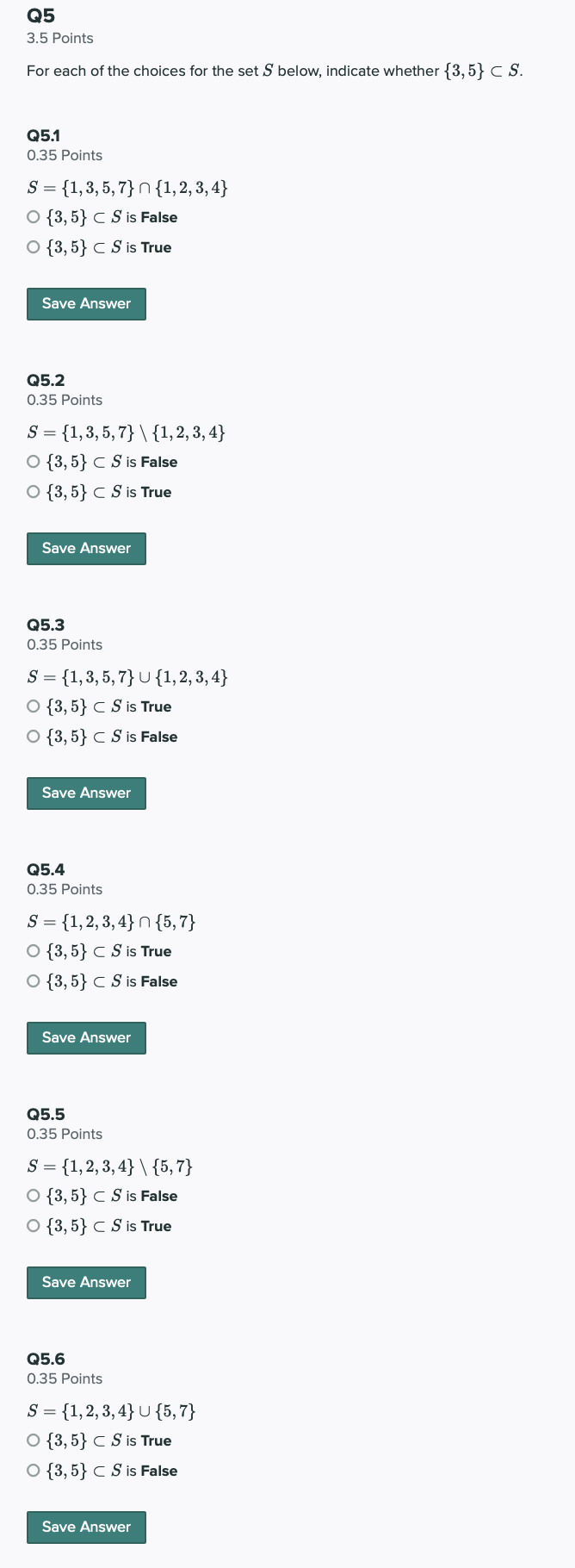 Solved Q5 3.5 Points For each of the choices for the set S | Chegg.com