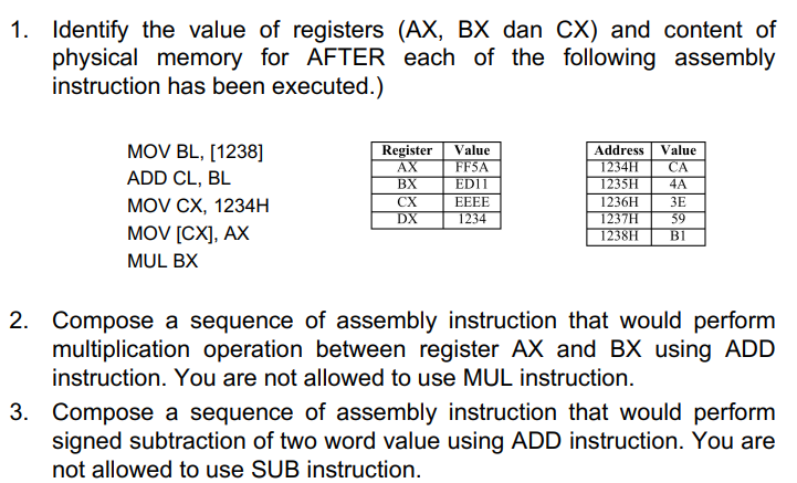 Solved 1. Identify the value of registers (AX, BX dan CX) | Chegg.com