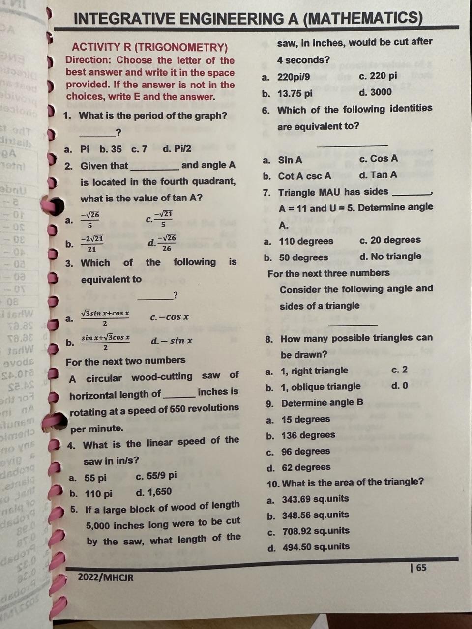 INTEGRATIVE ENGINEERING A (MATHEMATICS) ACTIVITY R | Chegg.com
