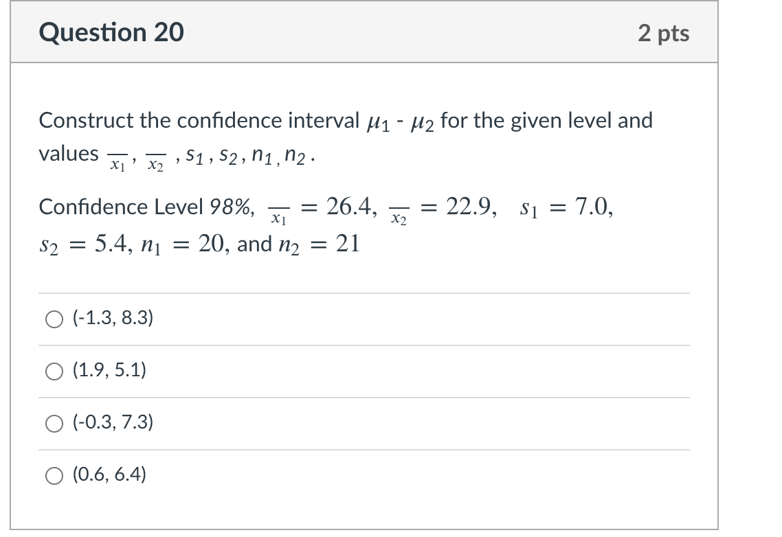 Solved Question 20 2 pts Construct the confidence interval | Chegg.com